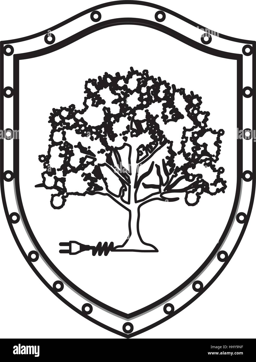 silhouette shield with tree and plug connector vector illustration ...