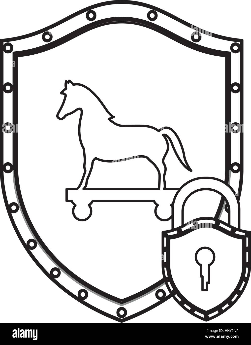 monochrome silhouette with shield with trojan horse and padlock vector ...