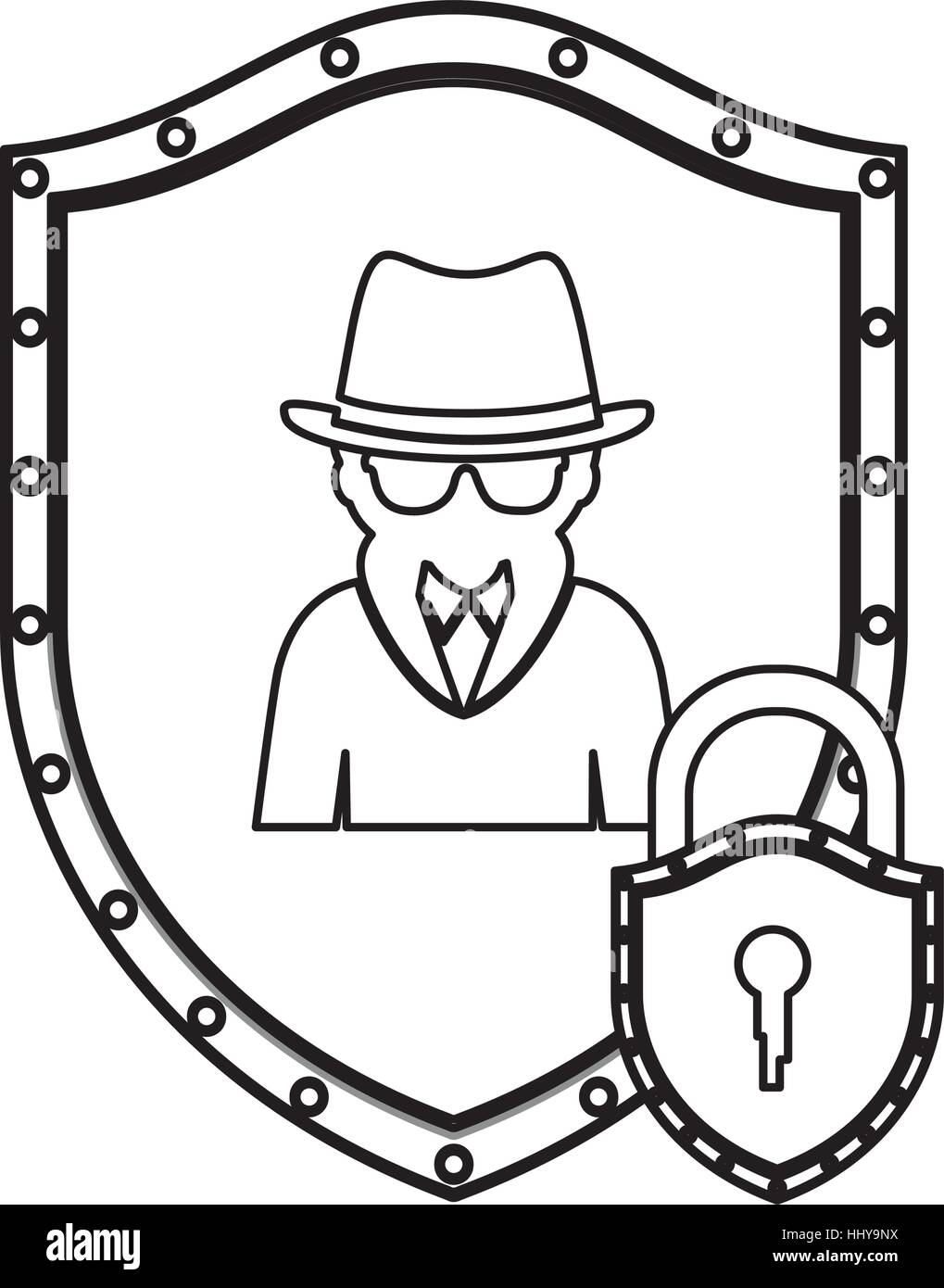 monochrome silhouette with shield with hacker and padlock vector ...