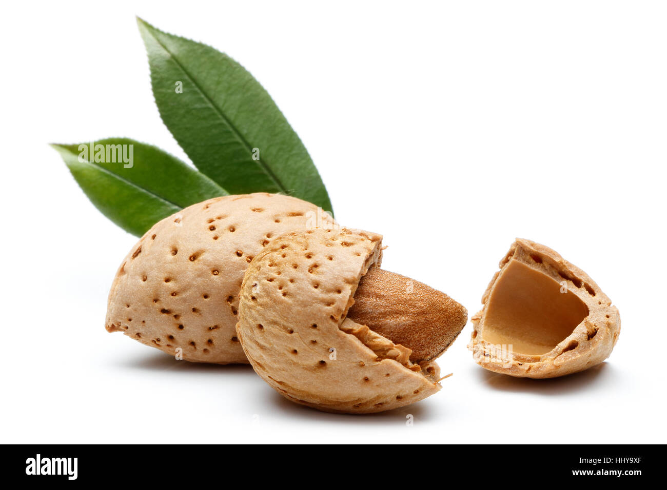 Almond, broken almond and leaves Stock Photo - Alamy