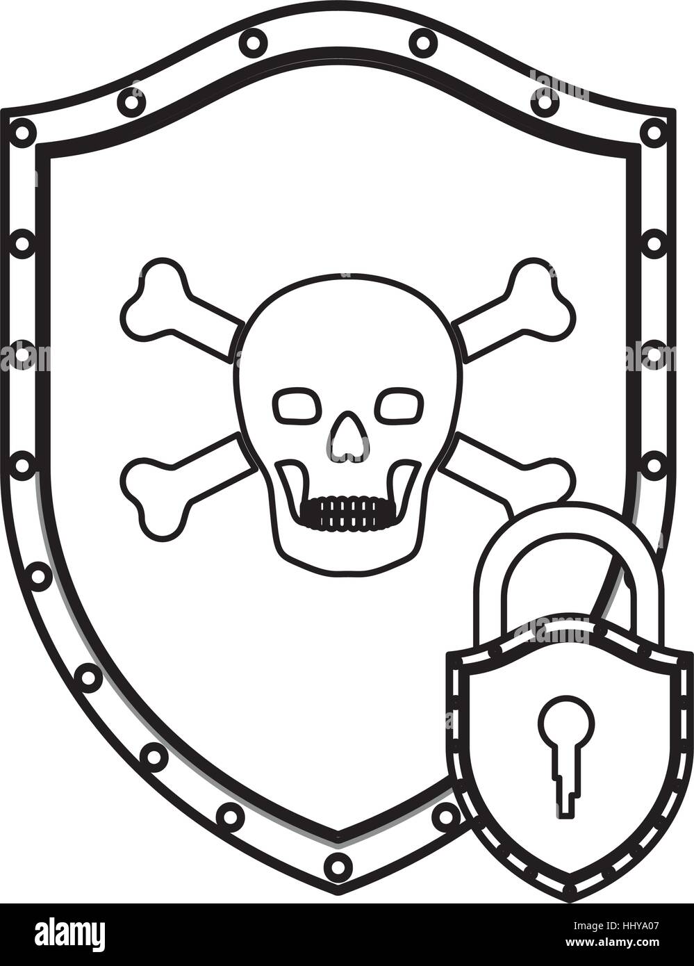 monochrome silhouette of shield with skull and bones and padlock vector ...