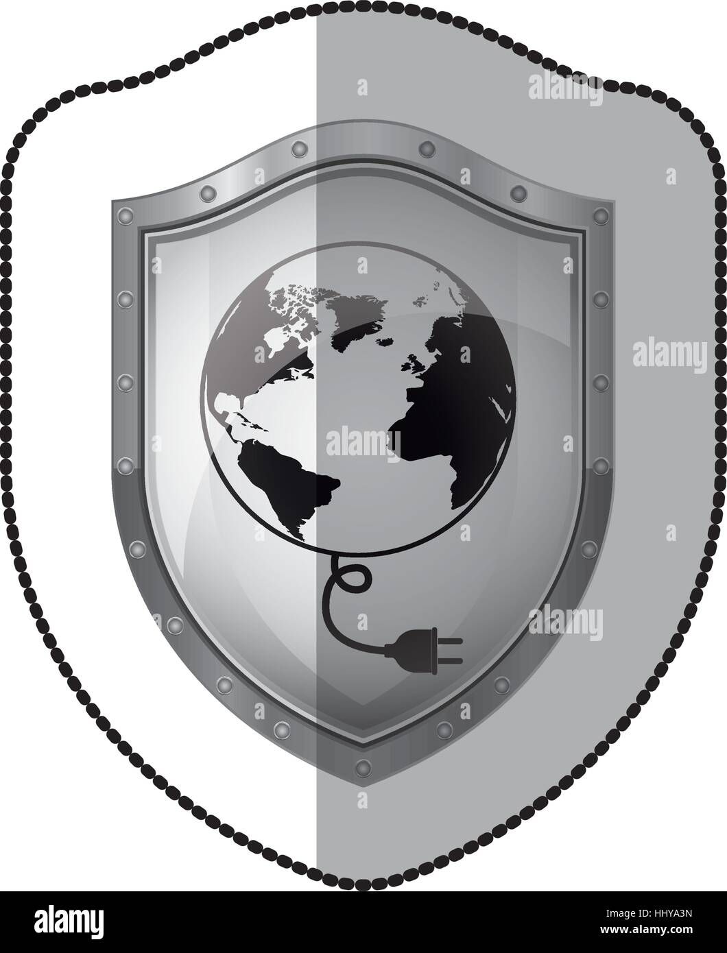 middle shadow sticker of shield with earth map world and power cord ...