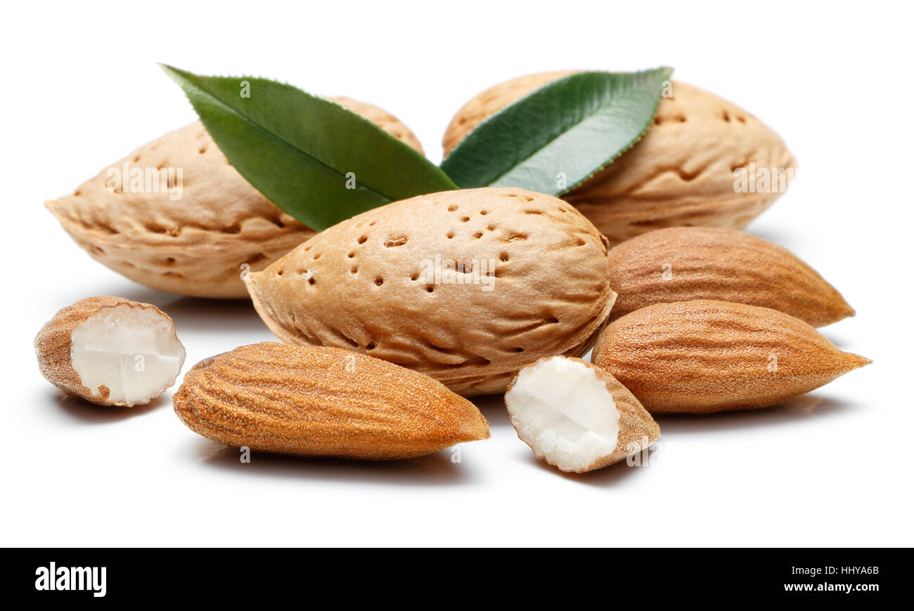 Almond, broken almond and leaves Stock Photo - Alamy