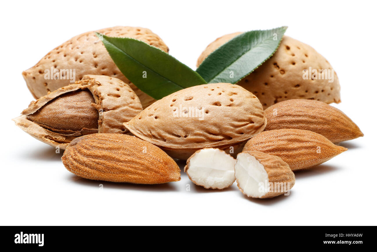 Almond, broken almond and leaves Stock Photo - Alamy
