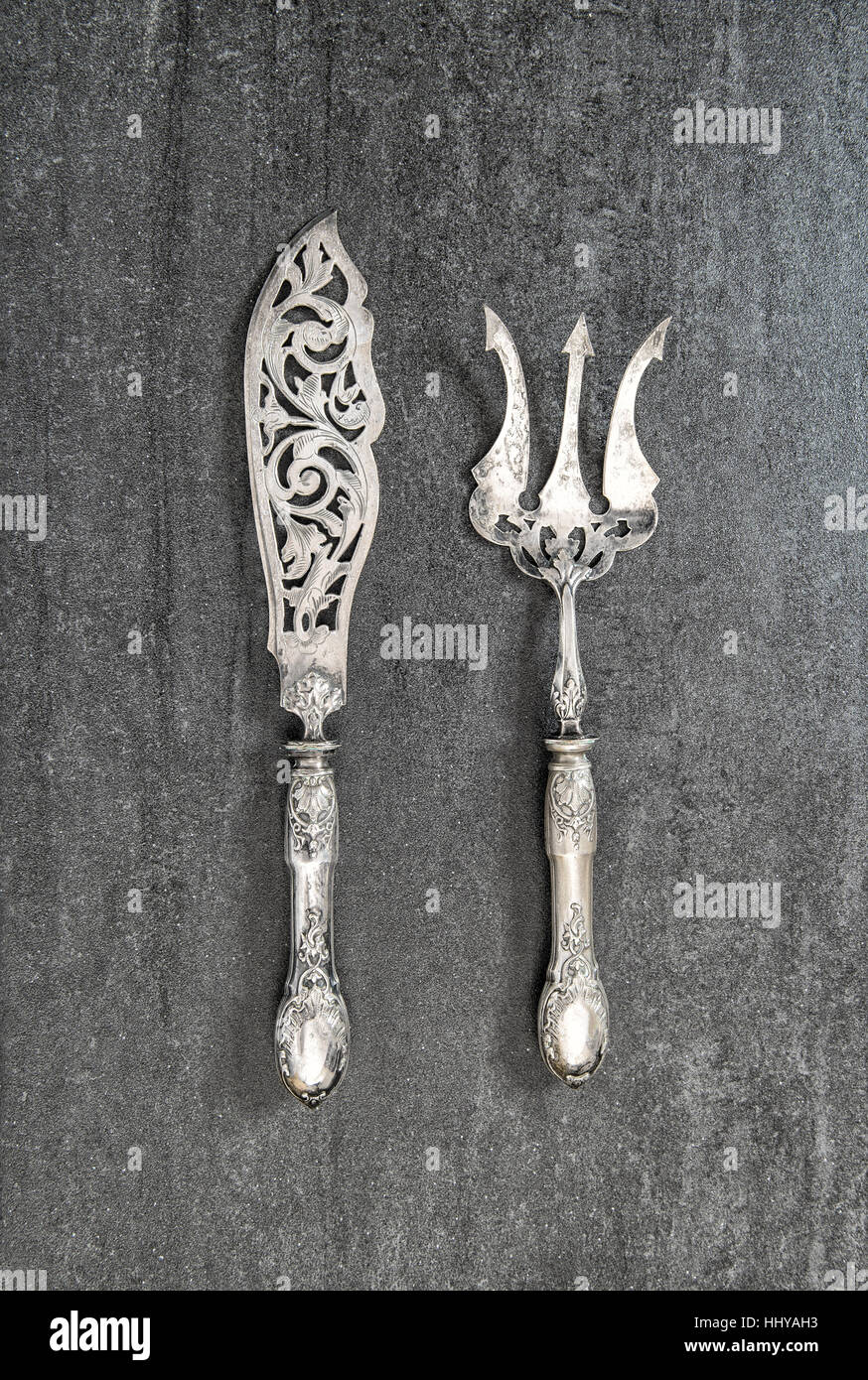 Retro kitchen utensils knife and fork. Vintage silver cutlery Stock ...