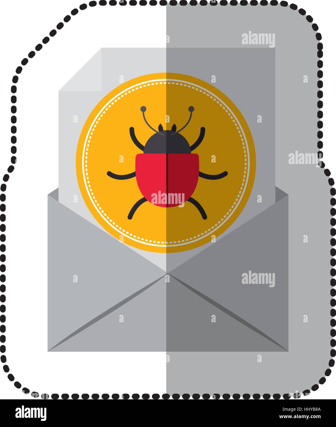 middle shadow sticker with grayscale mail virus of beetle in yellow ...