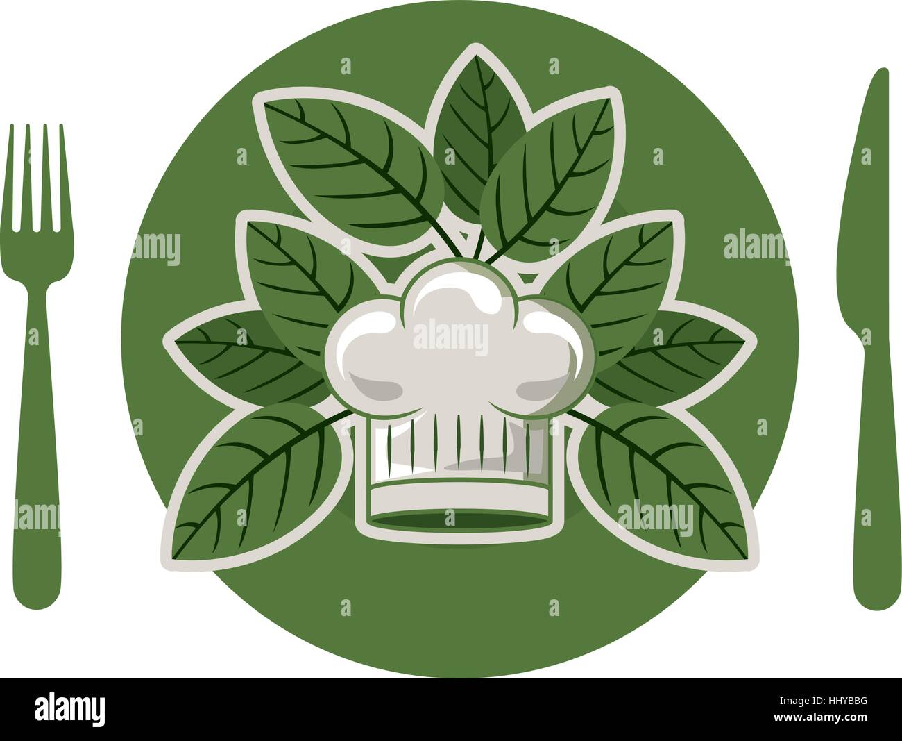 silhouette of dish with leaves and silverware and chef hat rounded ...