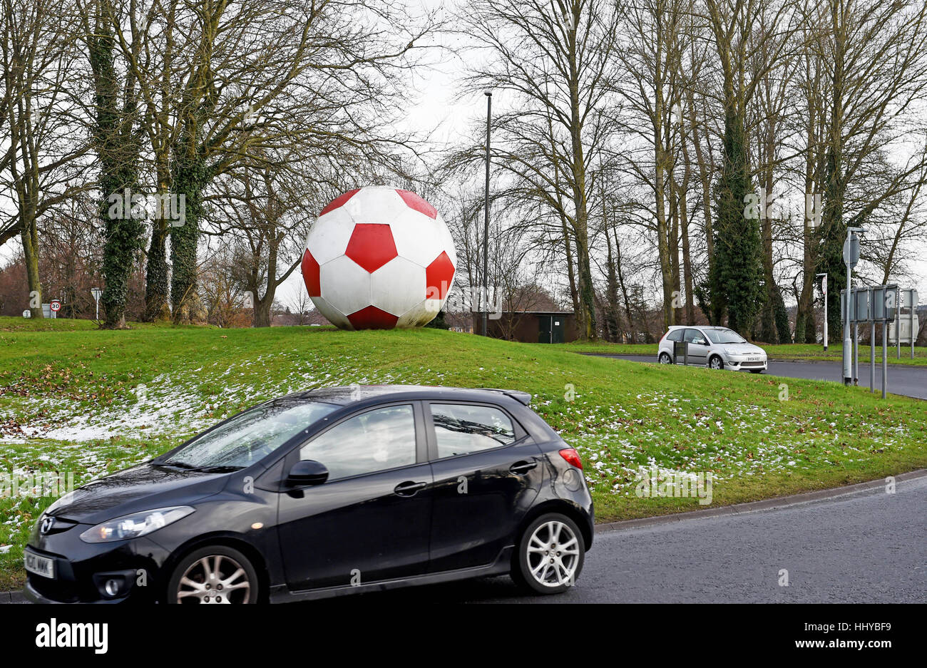 Huge giant football on roundabout at Crawley Football Club in Sussex UK ...