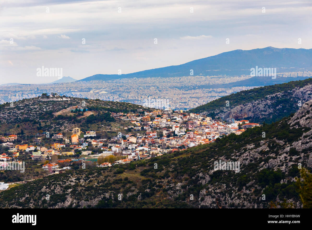 Fyli village in distance located in the foothills of Mountain Parnitha ...