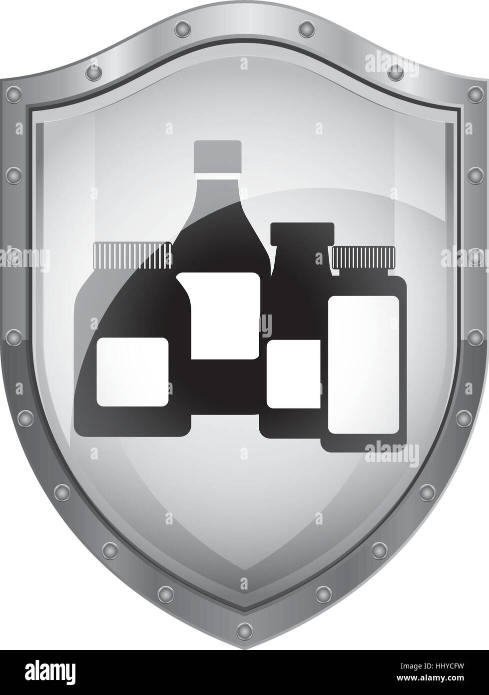metallic shield with remedy bottles vector illustration Stock Vector ...