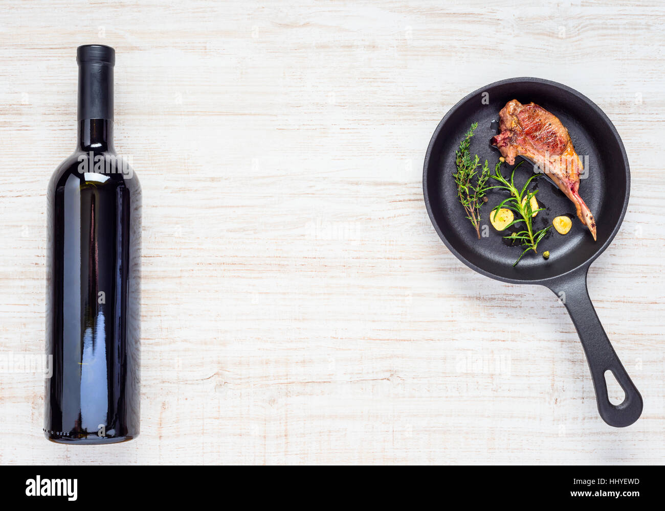Grilled Lamb Chop with Bottle of Red Wine and Copy Space Area Stock ...