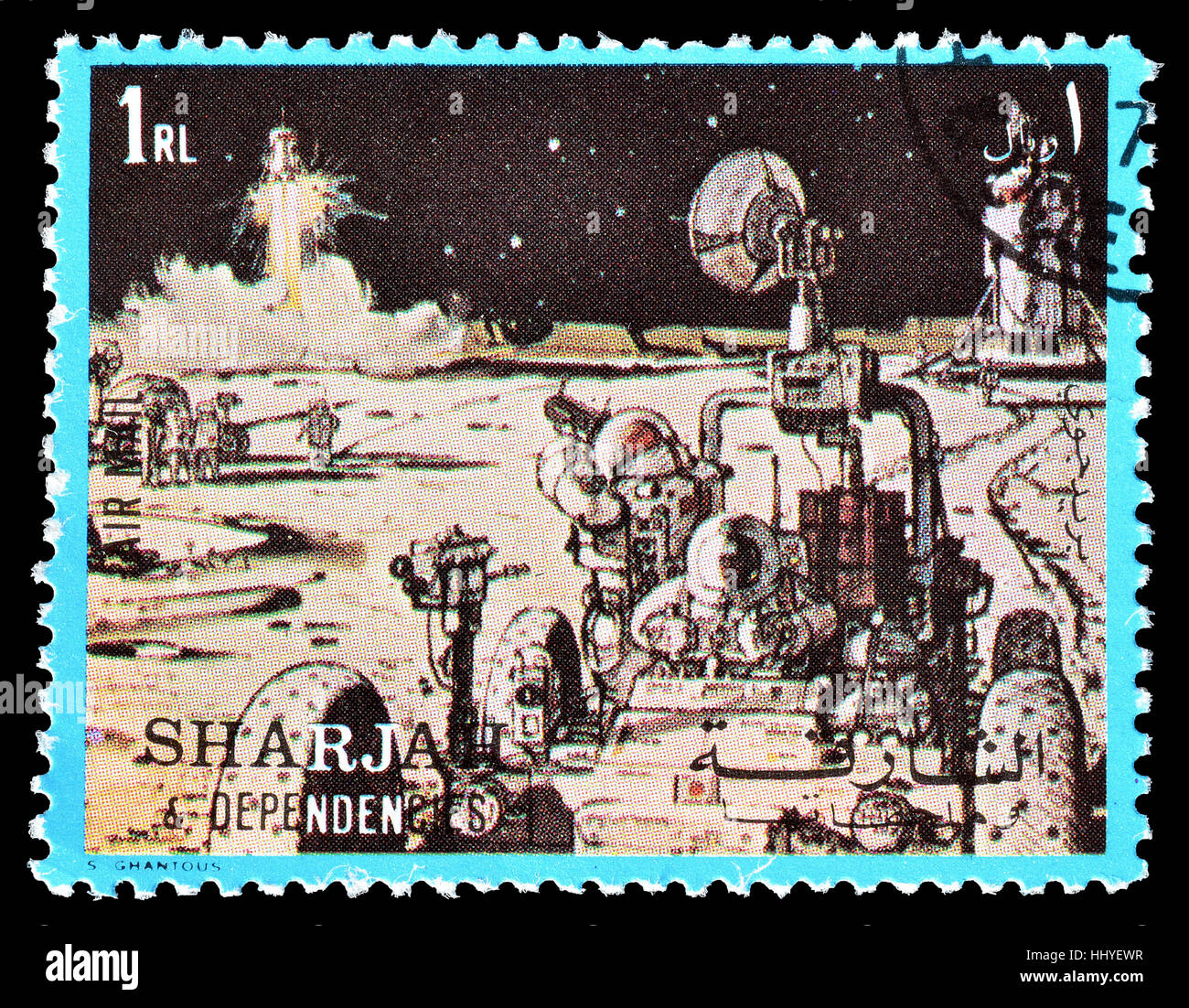Cancelled postage stamp printed by Sharjah, that shows Apollo crew and ...
