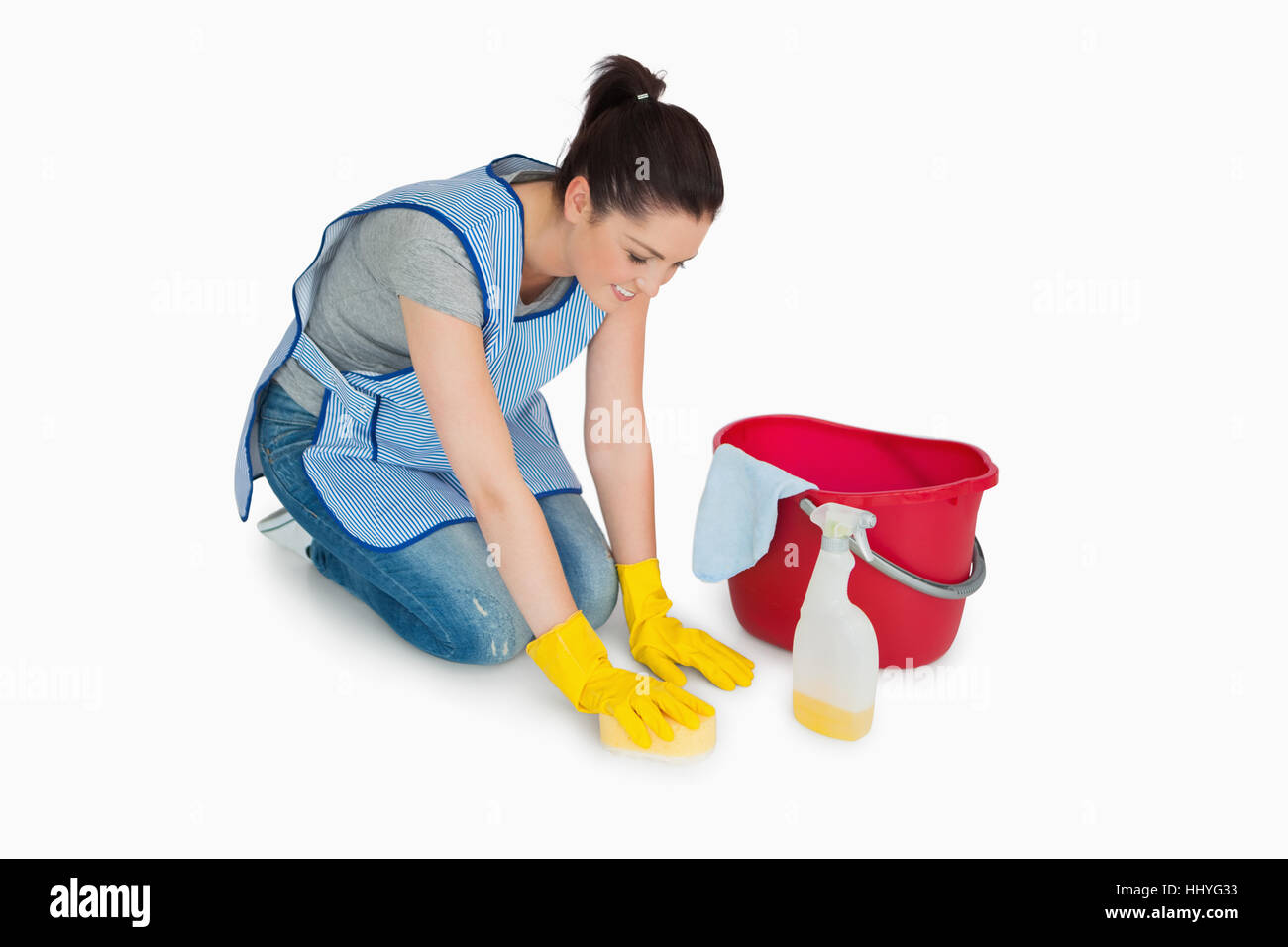 Cleaning woman washing the floor on white background Stock Photo - Alamy