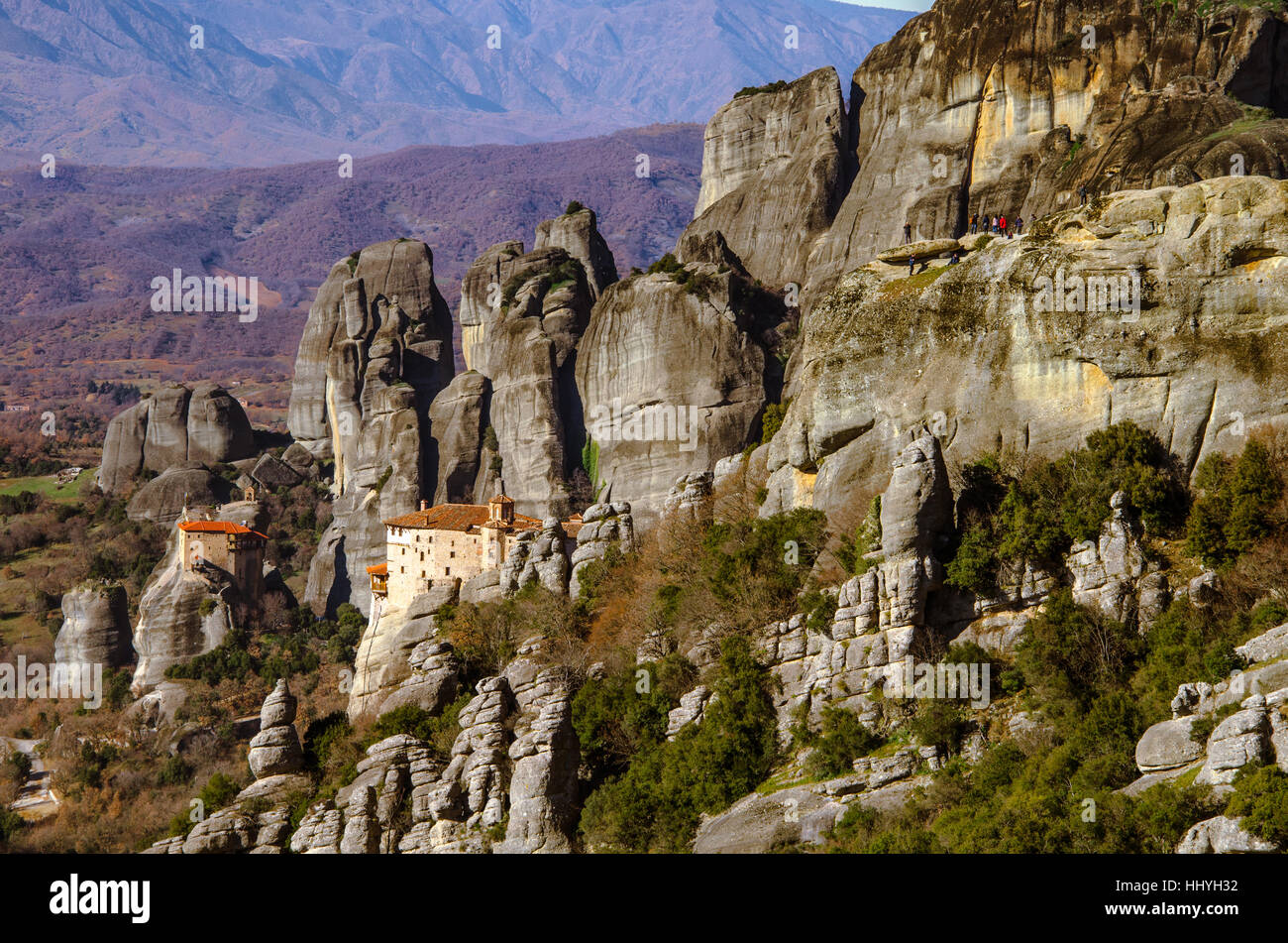 Breathtaking view of Meteora Roussanou Monastery at sunset, Greece ...