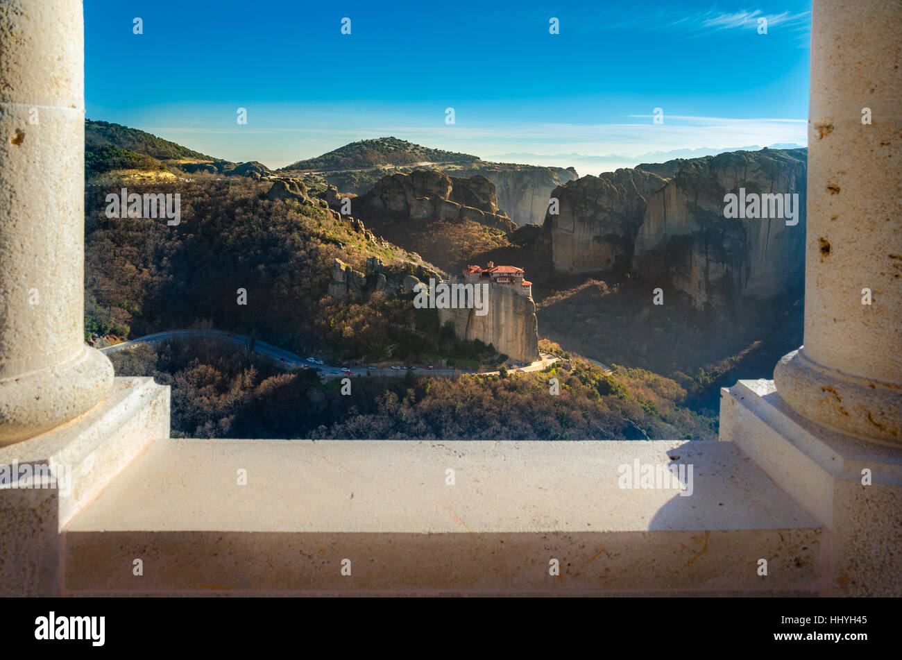 Breathtaking view of Meteora Roussanou Monastery, through a frame of ...