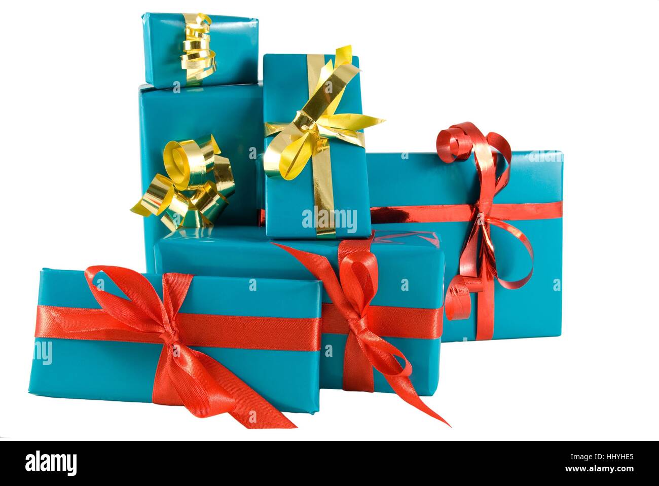 many blue presents with gold and red decorations, on white Stock Photo ...
