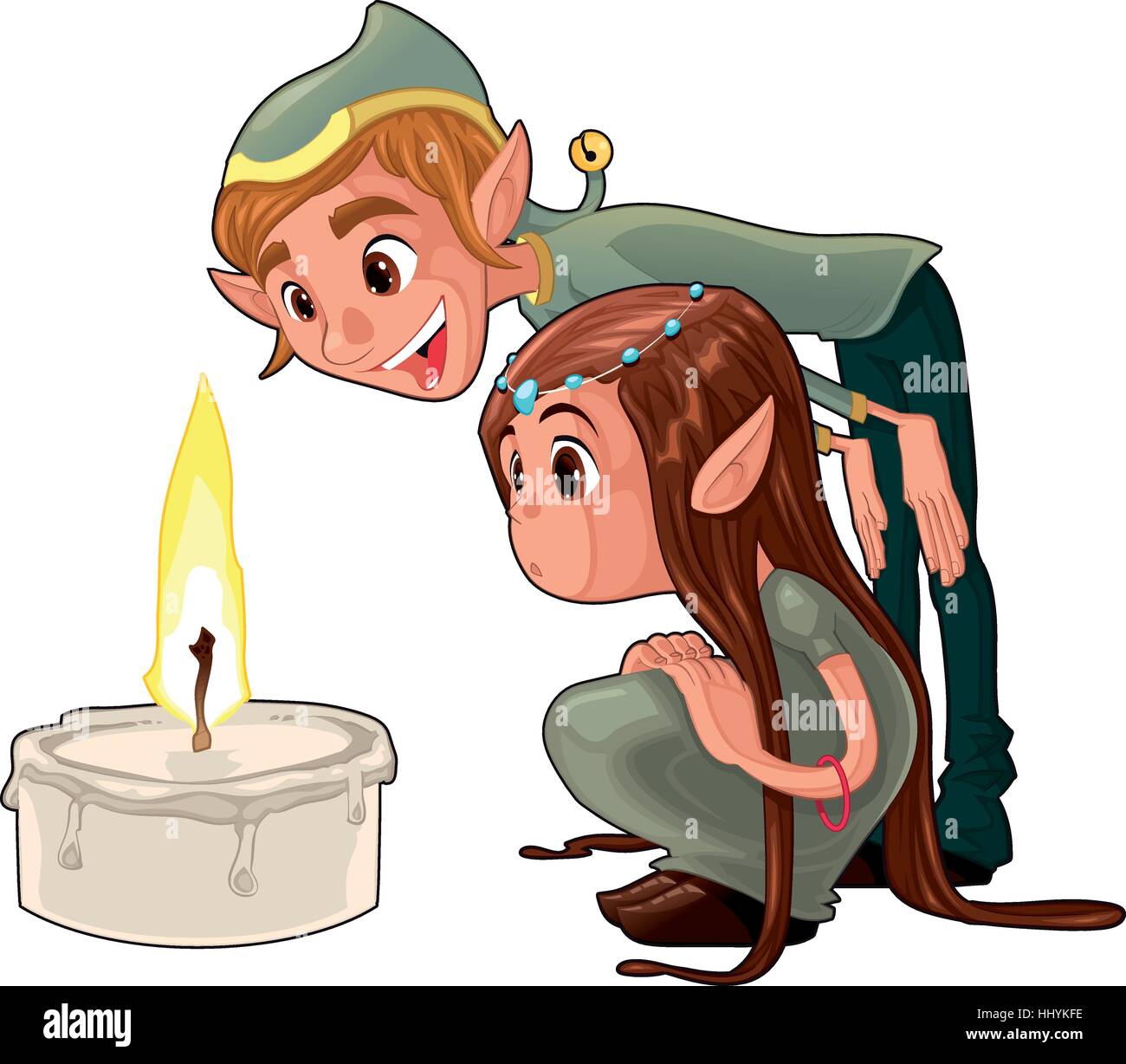 Young elf with a candle. Funny cartoon and vector scene Stock Photo - Alamy