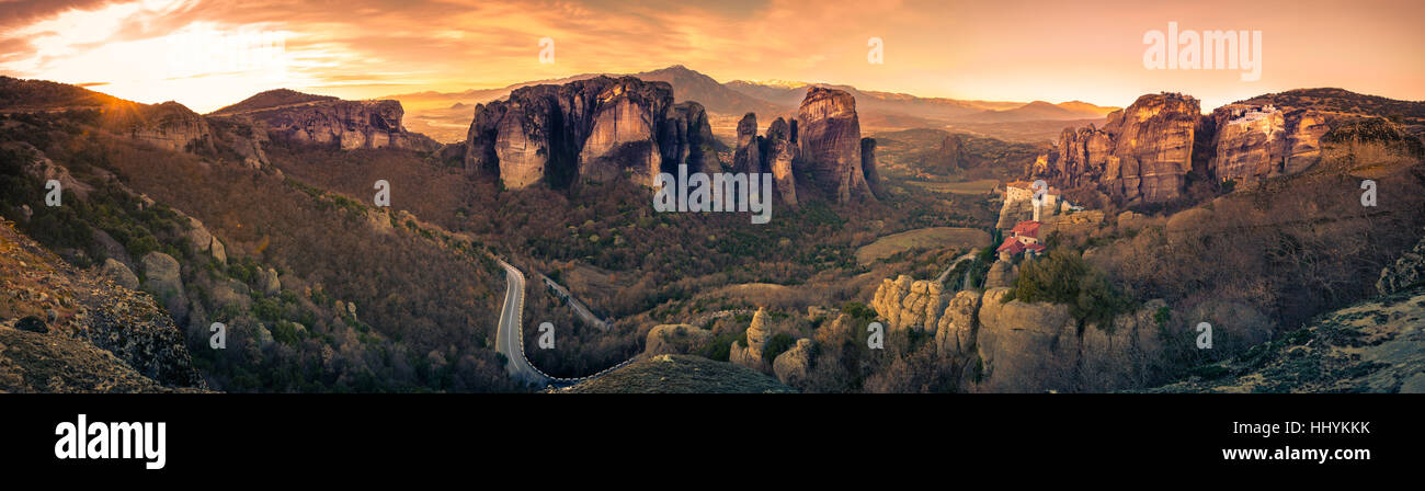 Breathtaking view of Meteora Roussanou Monastery at sunset, Greece ...
