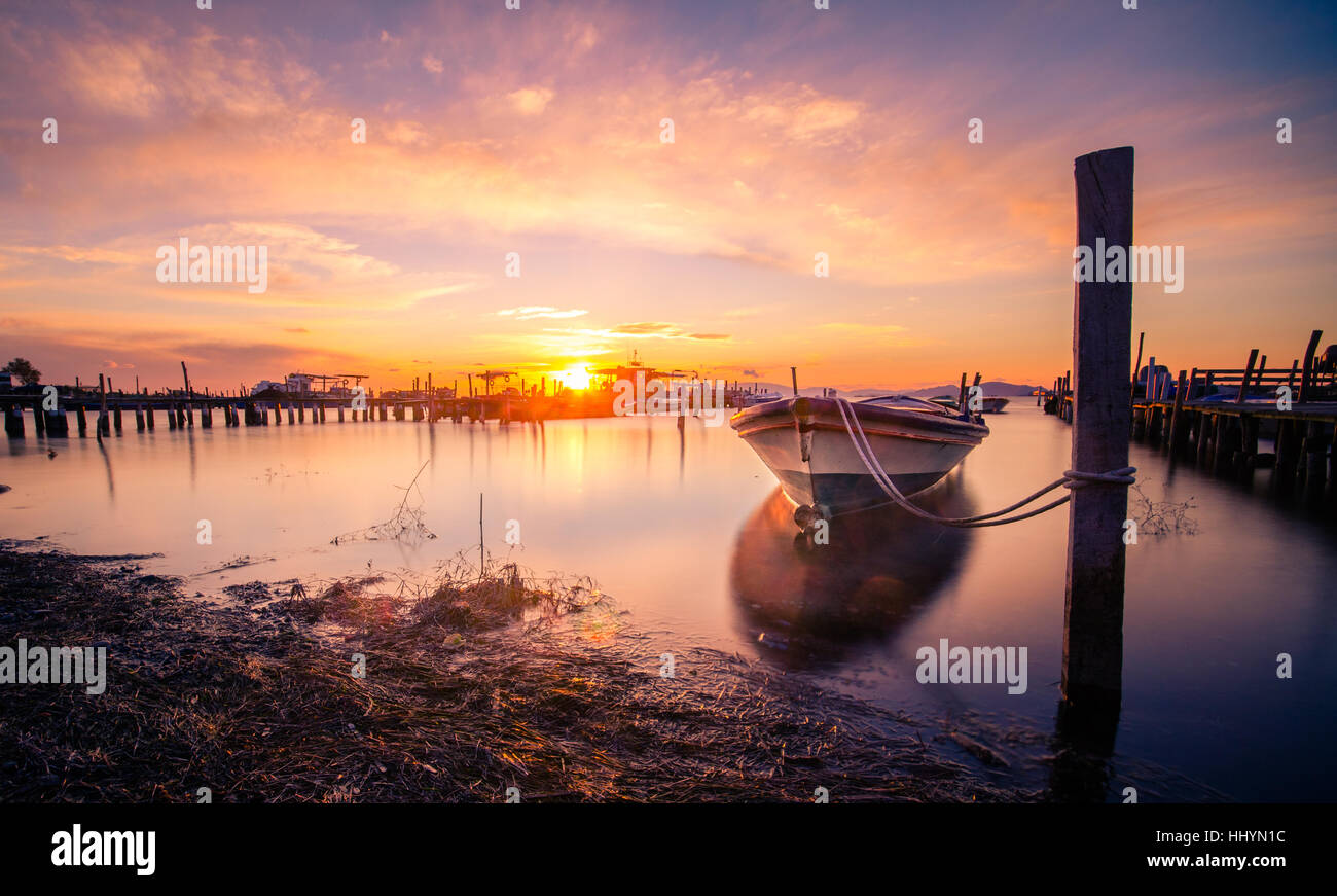 Beautiful sunset landscape with boats at the lagoon of Mesolongi ...