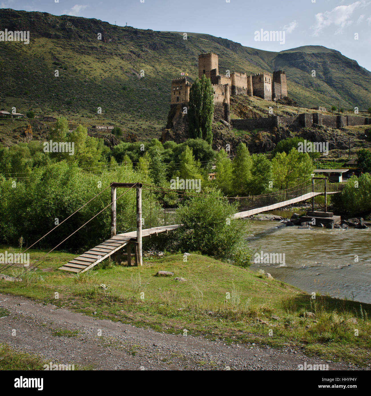 suspension bridge, georgia, chateau, castle, blue, tree, trees, green ...