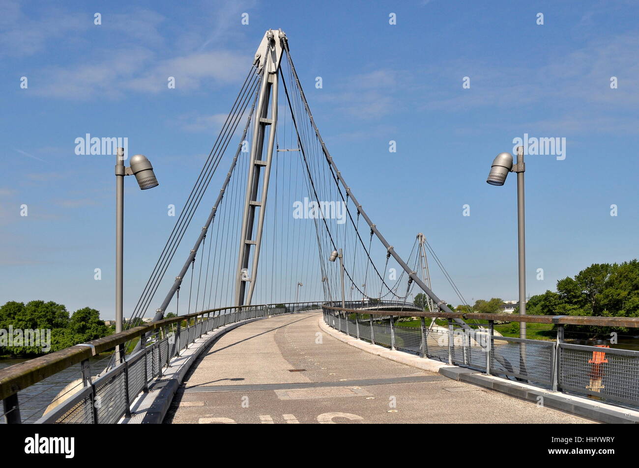 blue, tree, trees, bridge, spring, suspension bridge, pavement, elbe ...