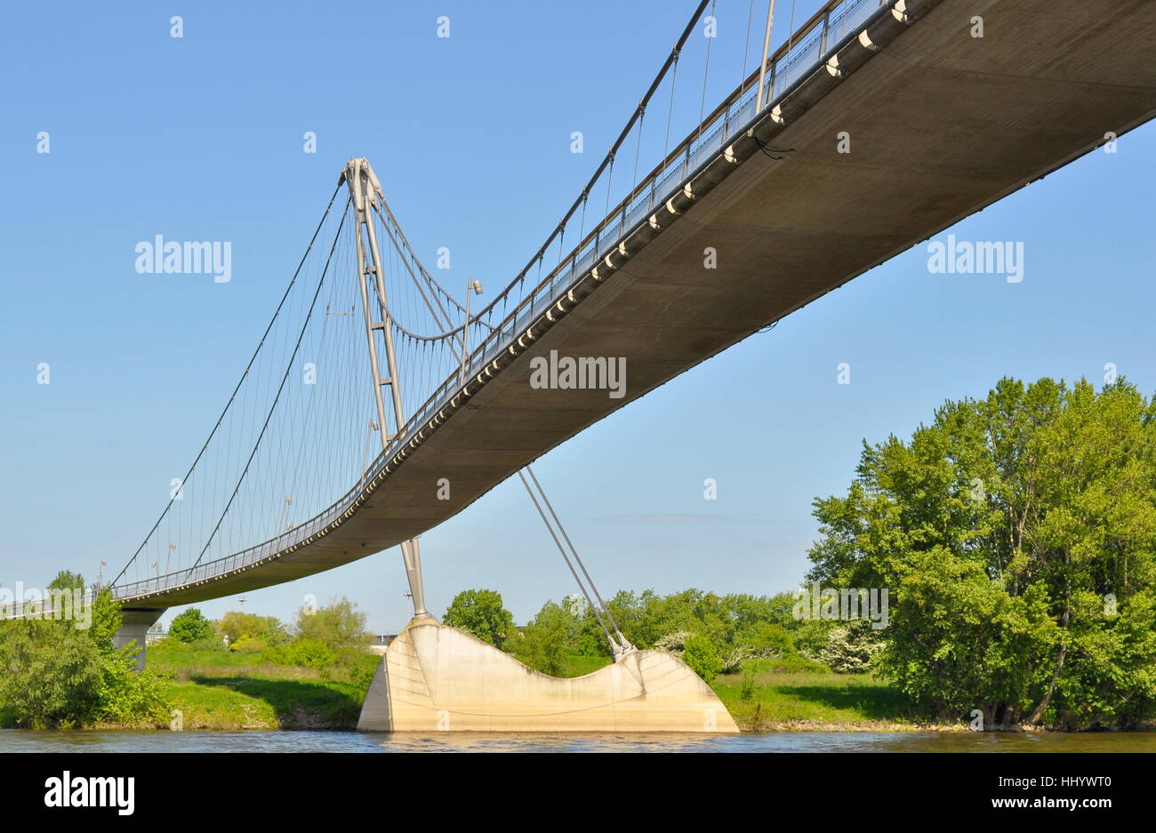 blue, tree, trees, bridge, spring, suspension bridge, pavement, elbe ...