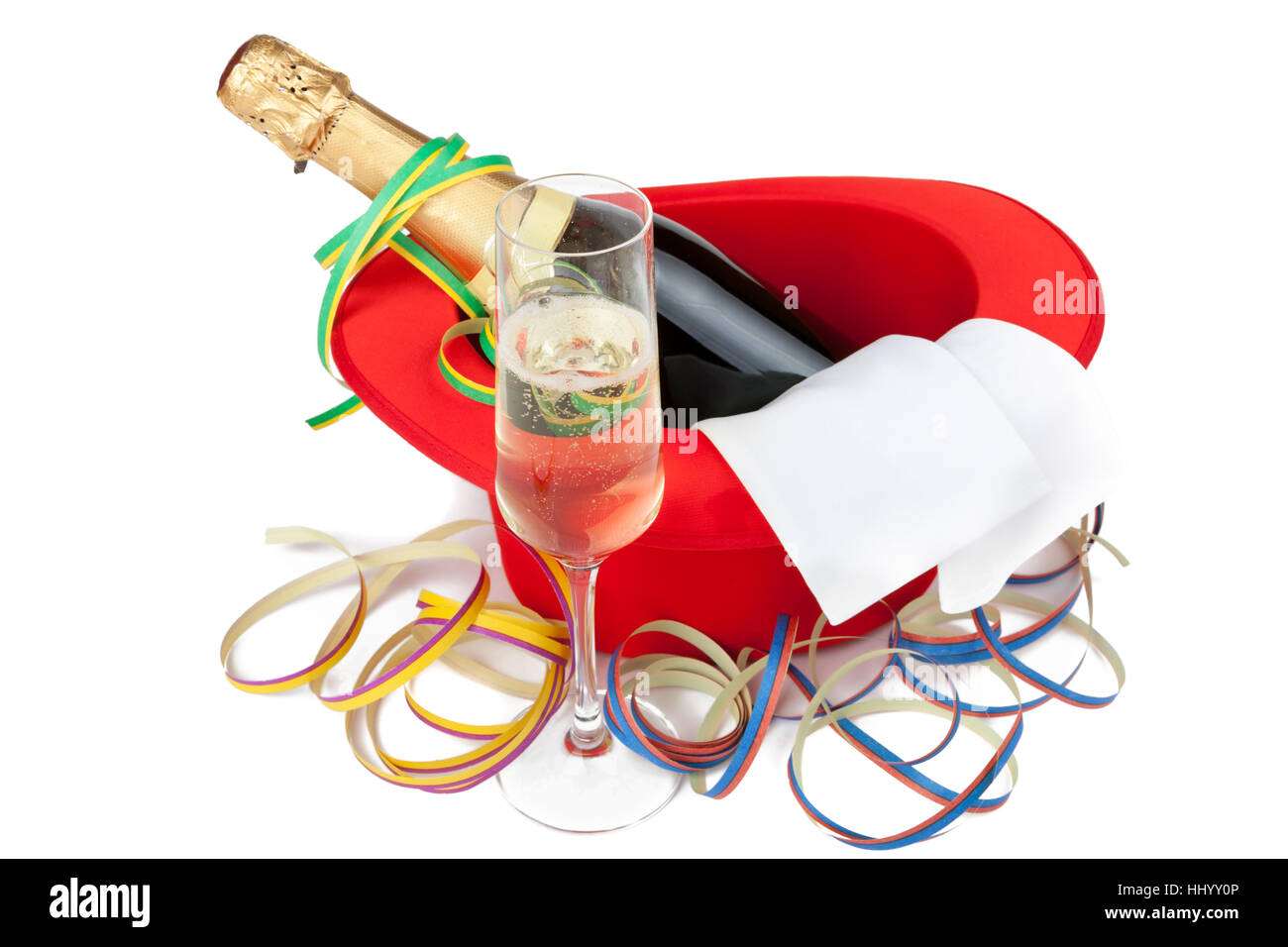 hat, sparkling wine glass, champagne, sparkling wine, streamer, red ...
