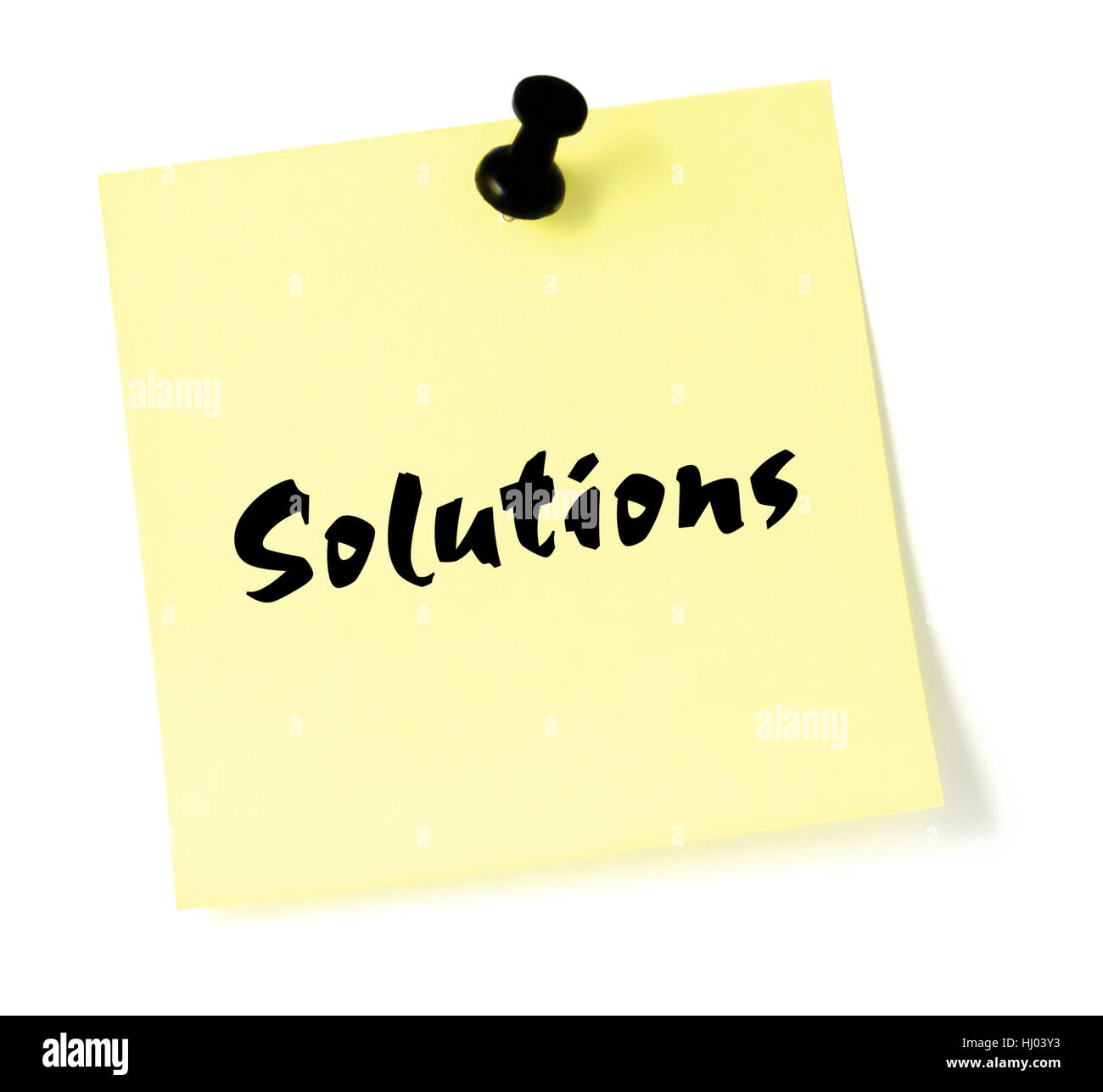 Solutions, written text, sticky note, isolated yellow sticker, black ...