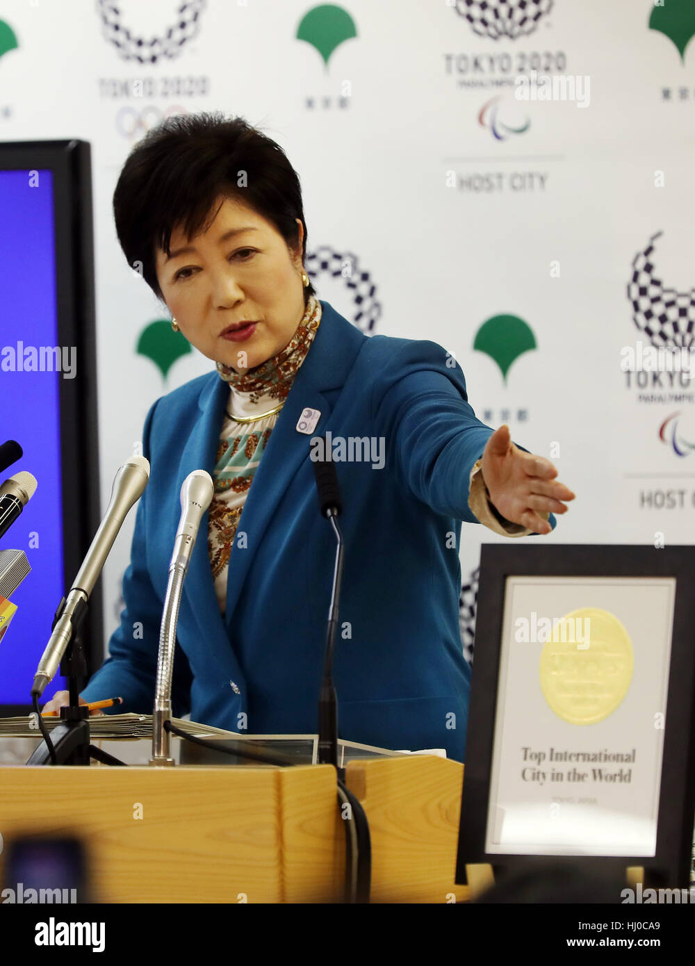 Tokyo, Japan. 20th Jan, 2017. Tokyo Governor Yuriko Koike displays a ...