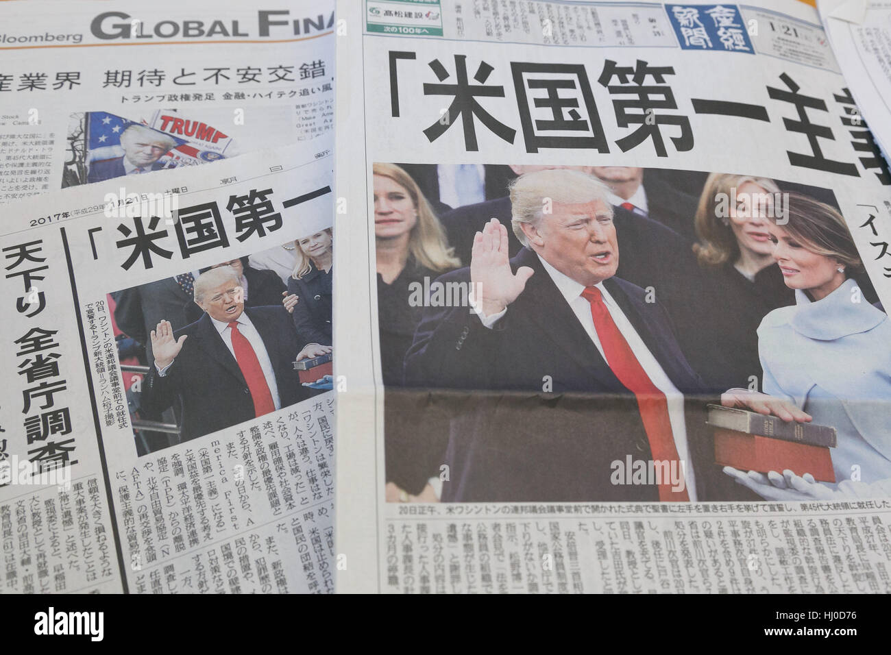 Tokyo, Japan. 21st Jan, 2017. Japanese newspapers feature news on ...