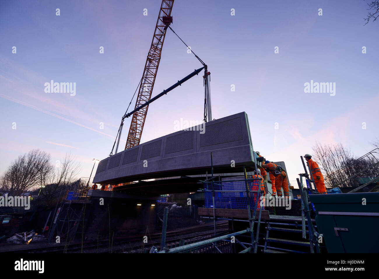 Chester, UK. 21st January 2017. Installation of a concrete road bridge ...