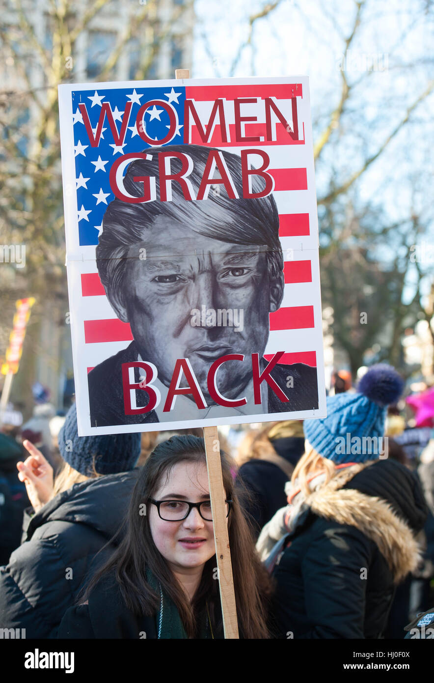LONDON, ENGLAND - JANUARY 21: Protesters take part in the Women's March ...