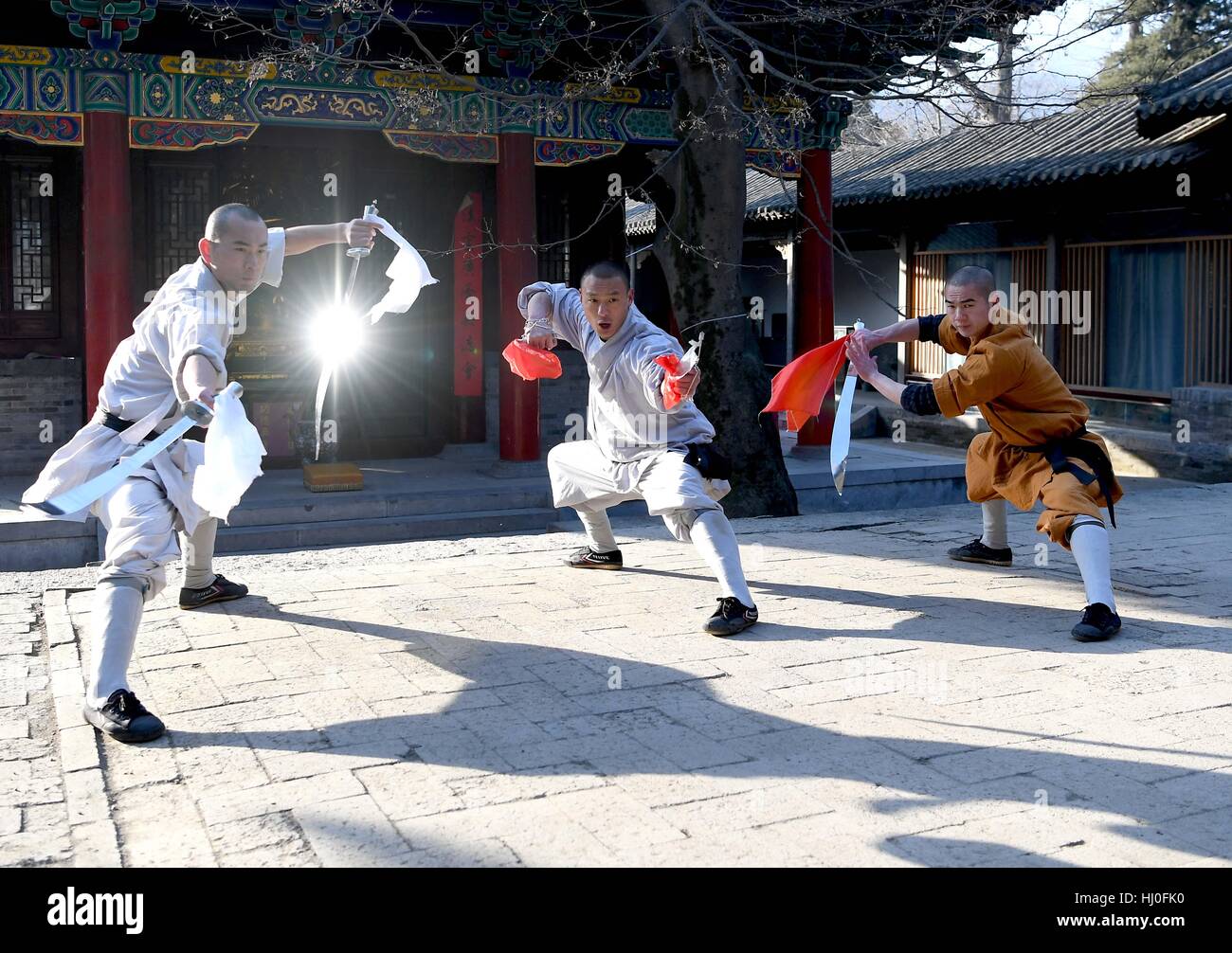 Zhengzhou. 21st Jan, 2017. Monks practice martial arts at Shaolin ...