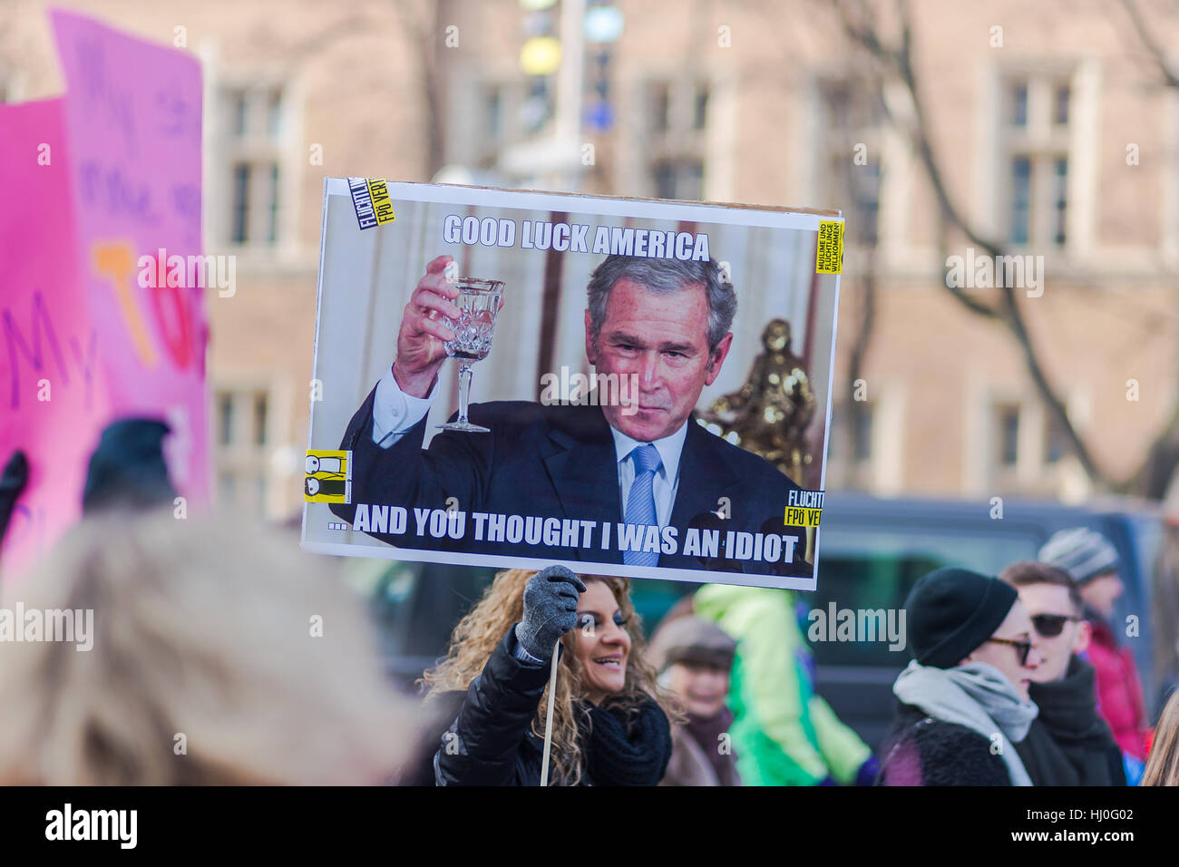 Vienna, Austria. 21st Jan, 2017. People holding banners at a peaceful ...