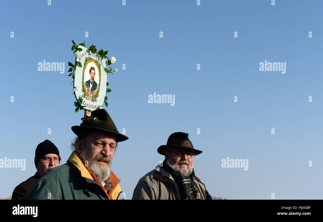 Royalists carrying flags showing the likeness of King Ludwig II walk ...