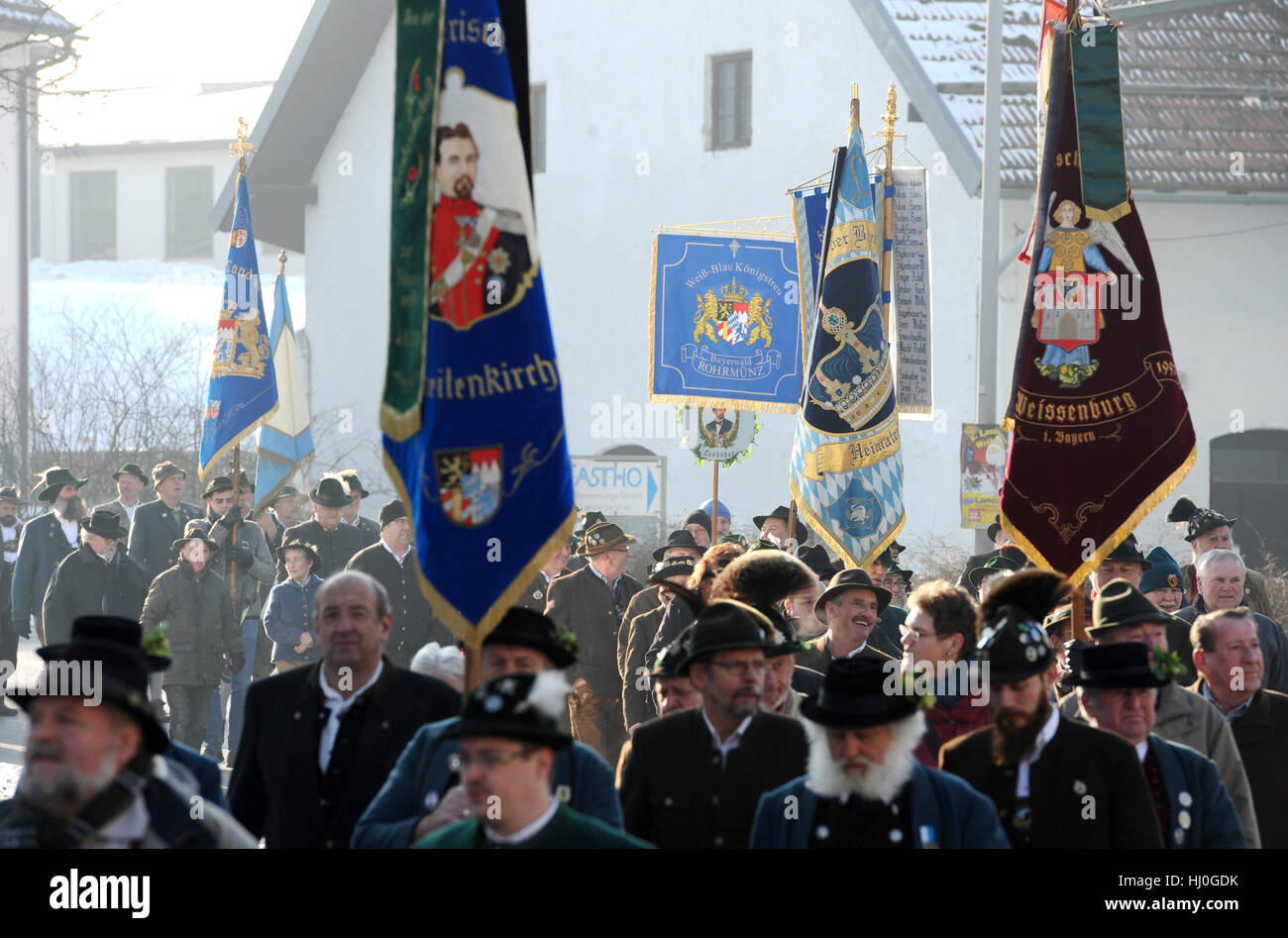 Royalists carrying flags showing the likeness of King Ludwig II walk ...