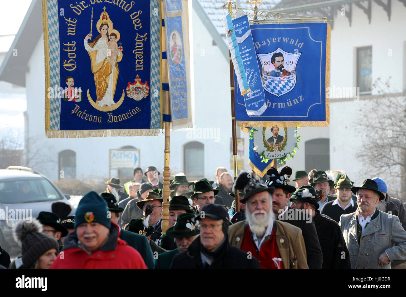 Royalists carrying flags showing the likeness of King Ludwig II walk ...