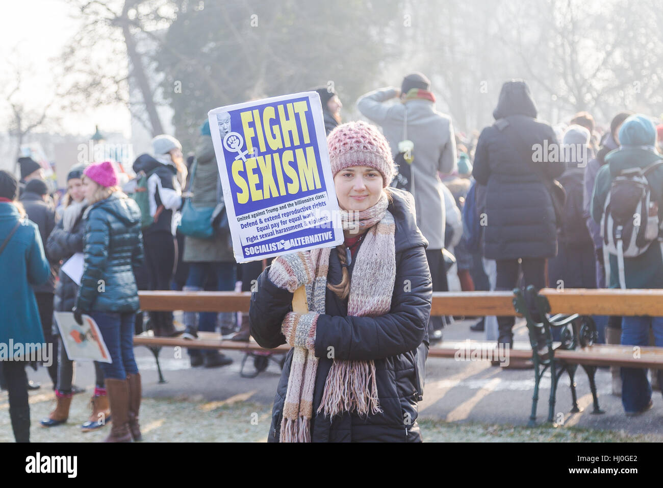 Vienna, Austria. 21st Jan, 2017. A lady holding a Fight Sexism Sign at ...