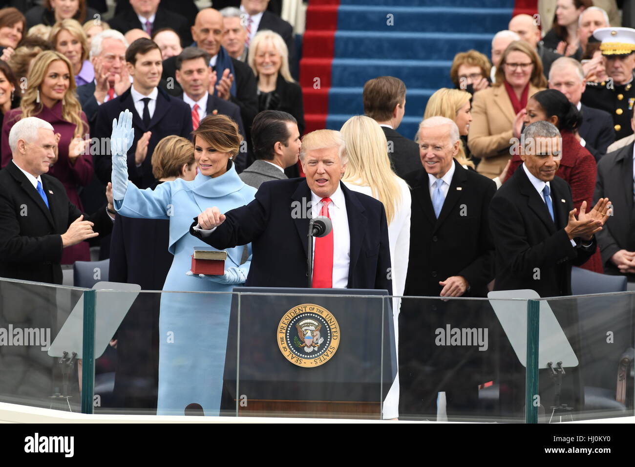 President Donald J. Trump waves after the Oath of Office at the ...