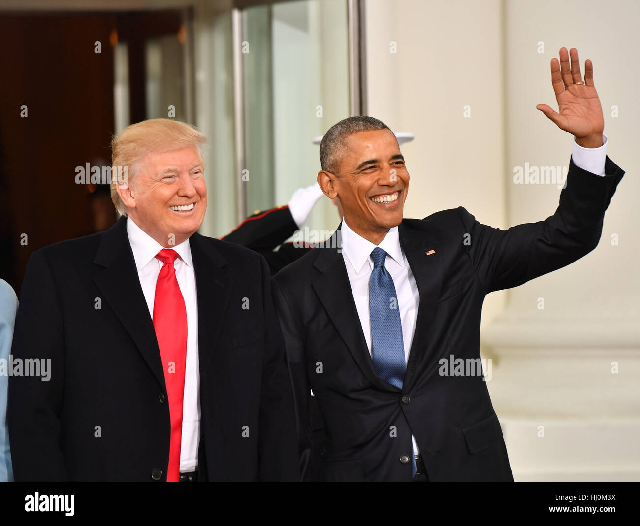 President Barak Obama (R) and President-elect Donald Trump smile at the ...