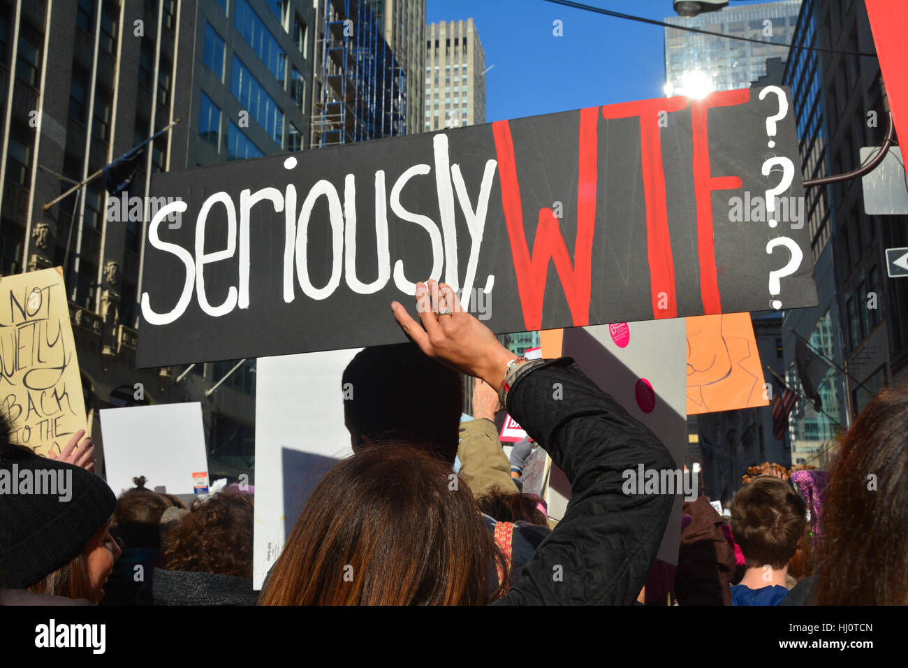 New York, USA. 21st Jan, 2017. "Seriously WTF" sign at the march ...