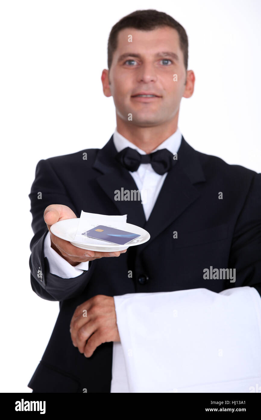 restaurant, service, waiter, tray, possession, holding, telephone ...