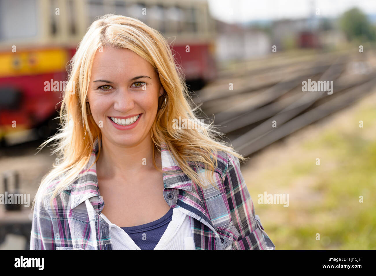 woman, station, railway, locomotive, train, engine, rolling stock ...