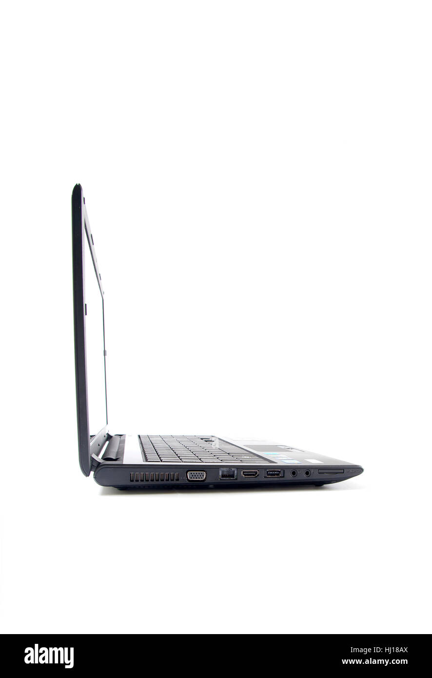 A side view of a black laptop in front of white background Stock Photo ...
