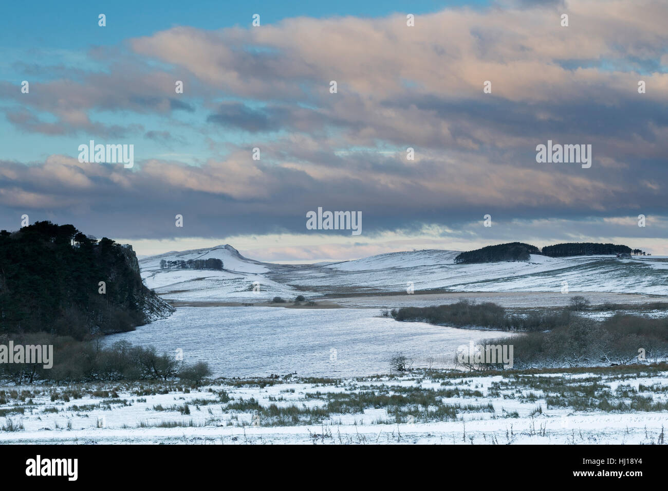 Hadrian's Wall: Crag Lough on a snowy, winter's day, looking west from ...