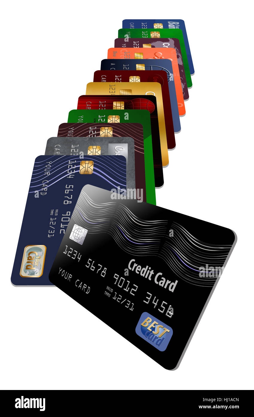 Credit cards, many of them, fanned out and floating, levitating over ...