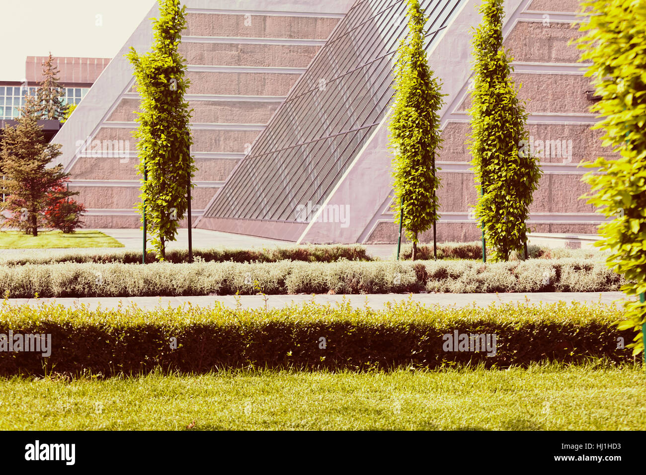 landscaping of the park around the building, note shallow depth of ...
