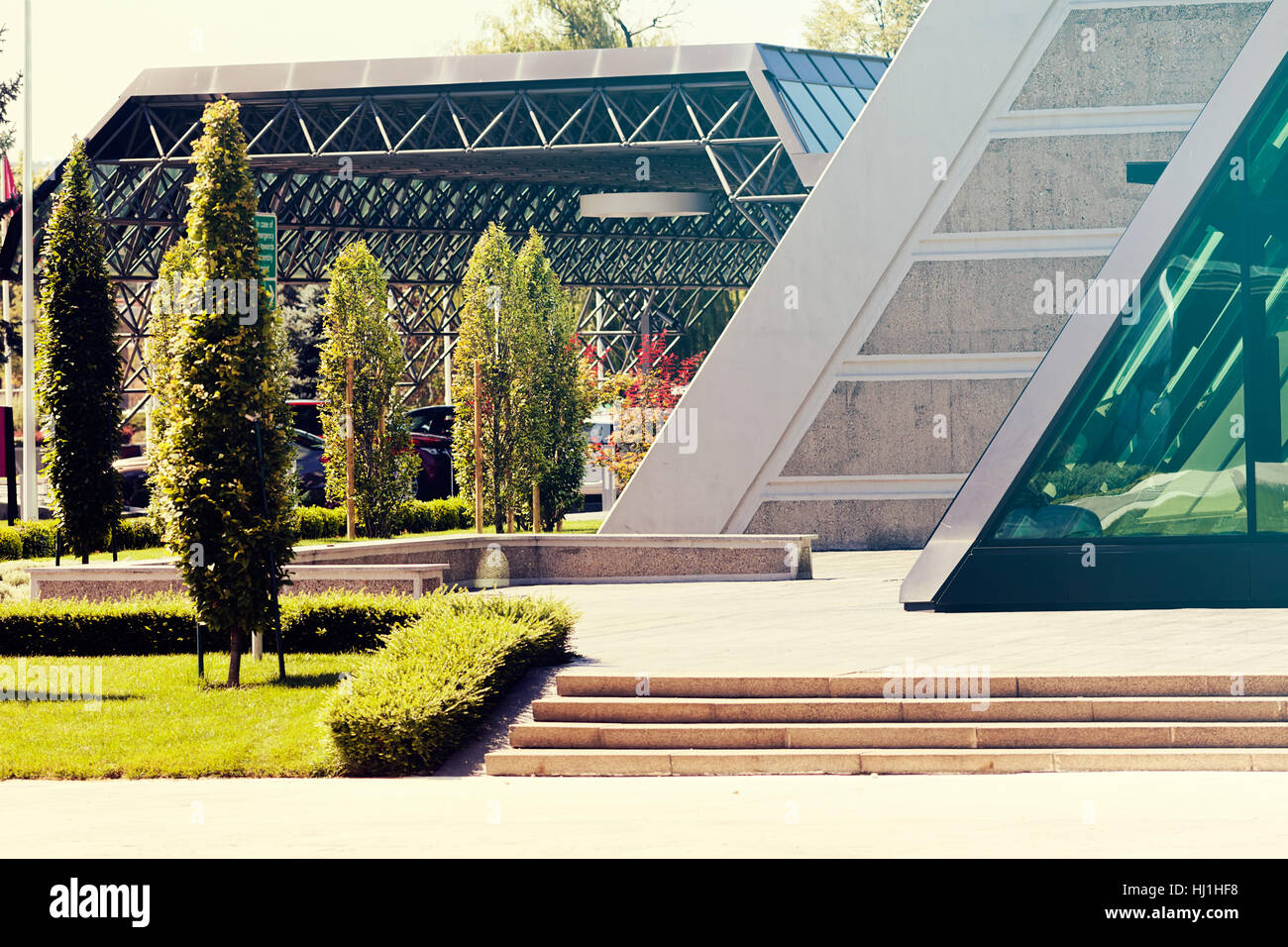 landscaping of the park around the building, note shallow depth of ...