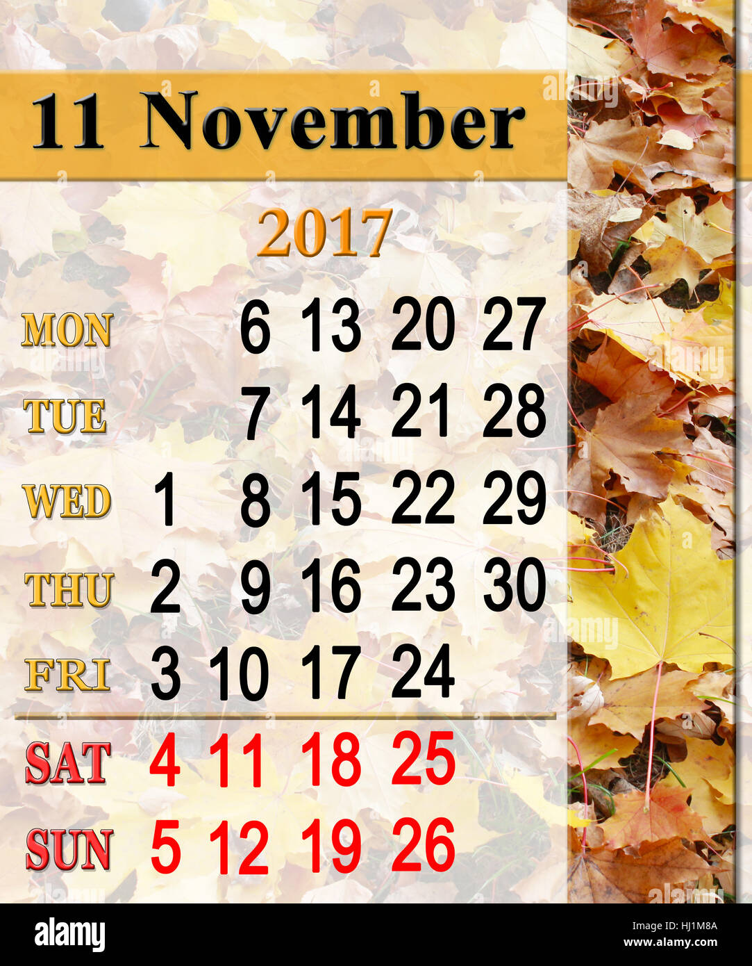 calendar for November 2017 with the ribbon of yellow leaves in the park ...