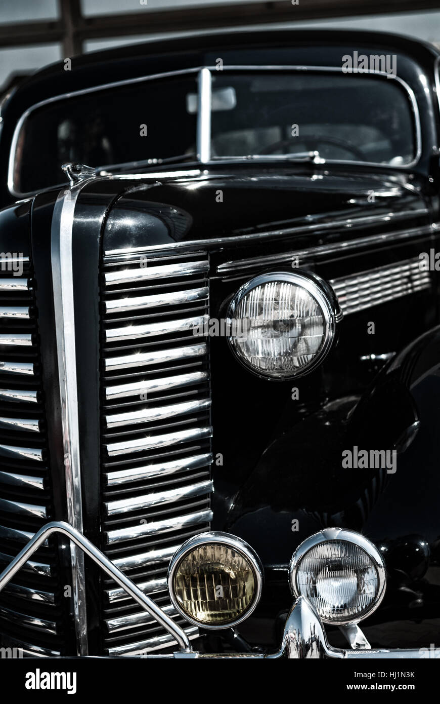 Black retro car closeup, front view Stock Photo - Alamy